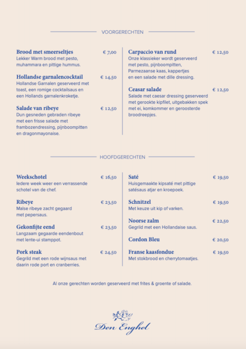 Lunch & Menukaart - Den Enghel